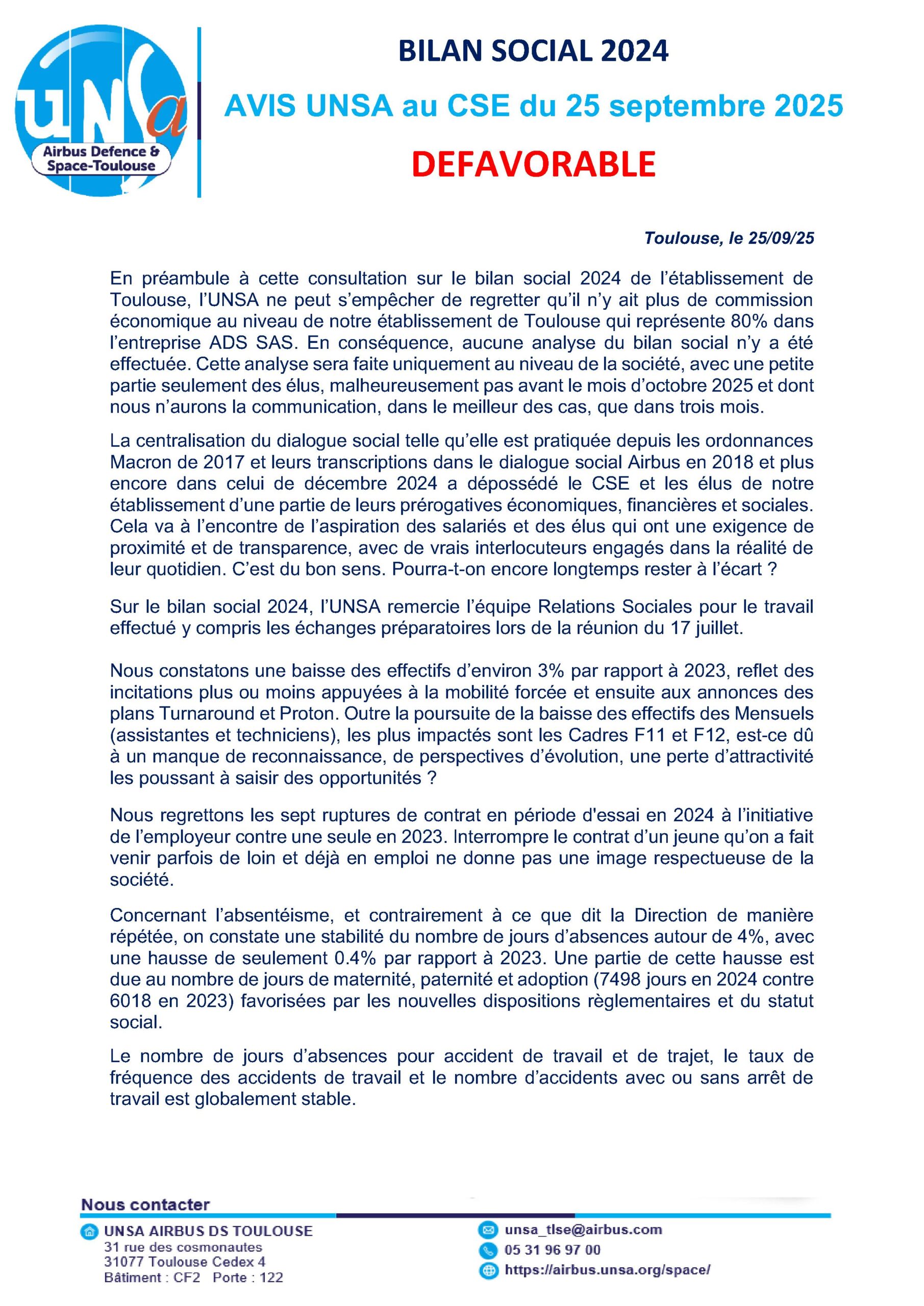 26/09/2025 : Avis UNSA au bilan social 2024 - Défavorable - UNSA AIRBUS